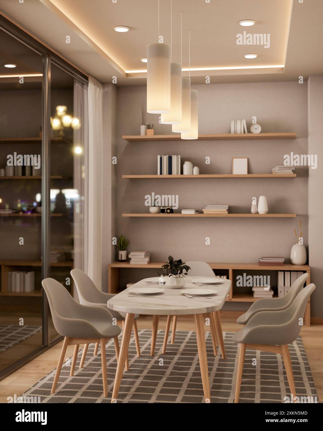 The interior design of an elegant, contemporary dining room features a ...