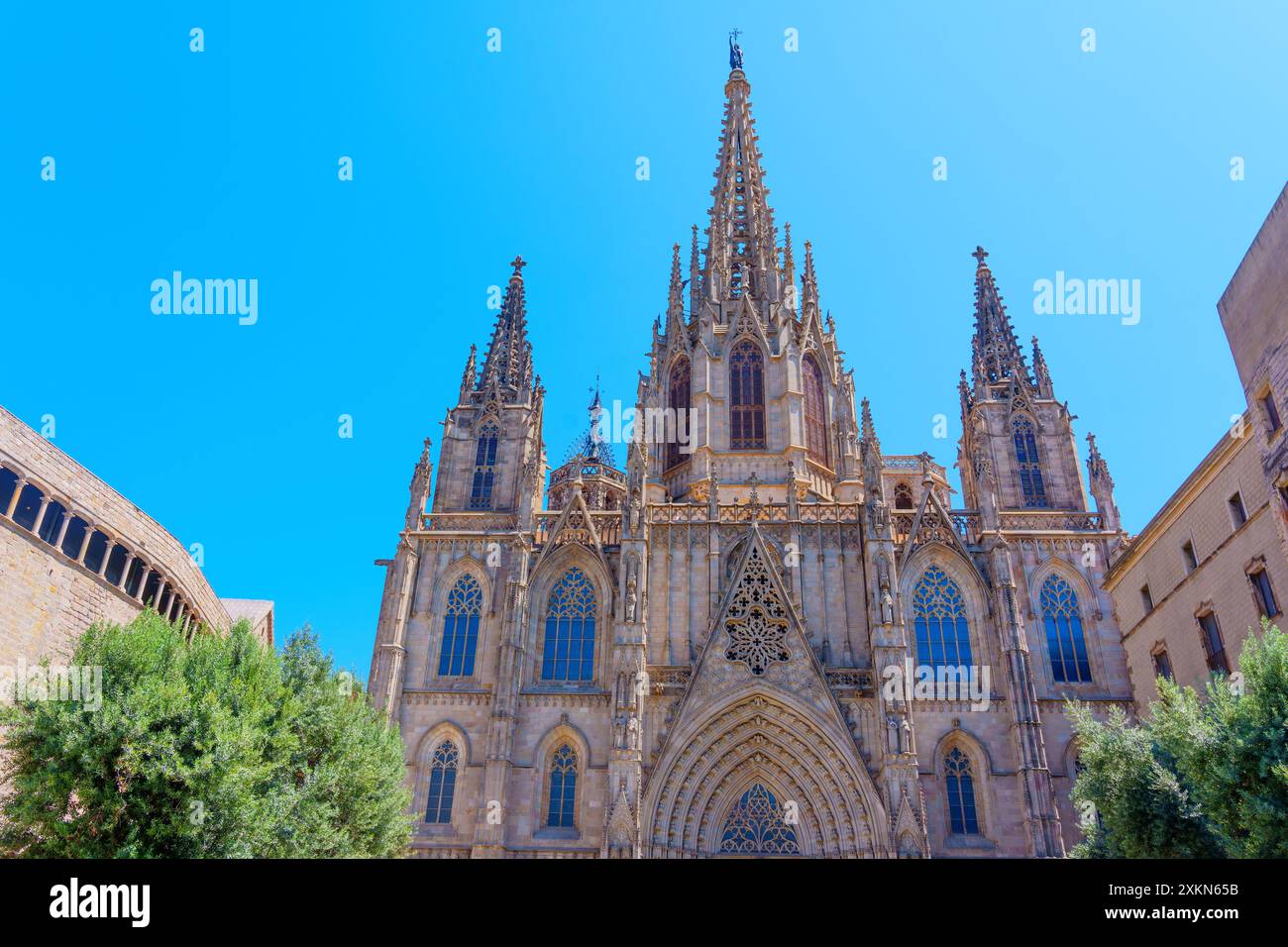 Barcelona, Spain - July 16, 2024: Gothic cathedral facade and spires in ...