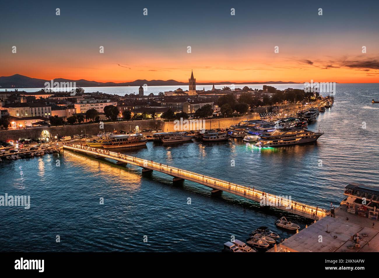 Zadar, Croatia - Aerial view of the city of Zadar at golden sunset sky ...