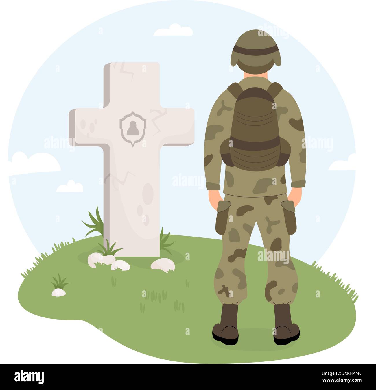 Military soldier stands in front of grave cross with tombstone ...