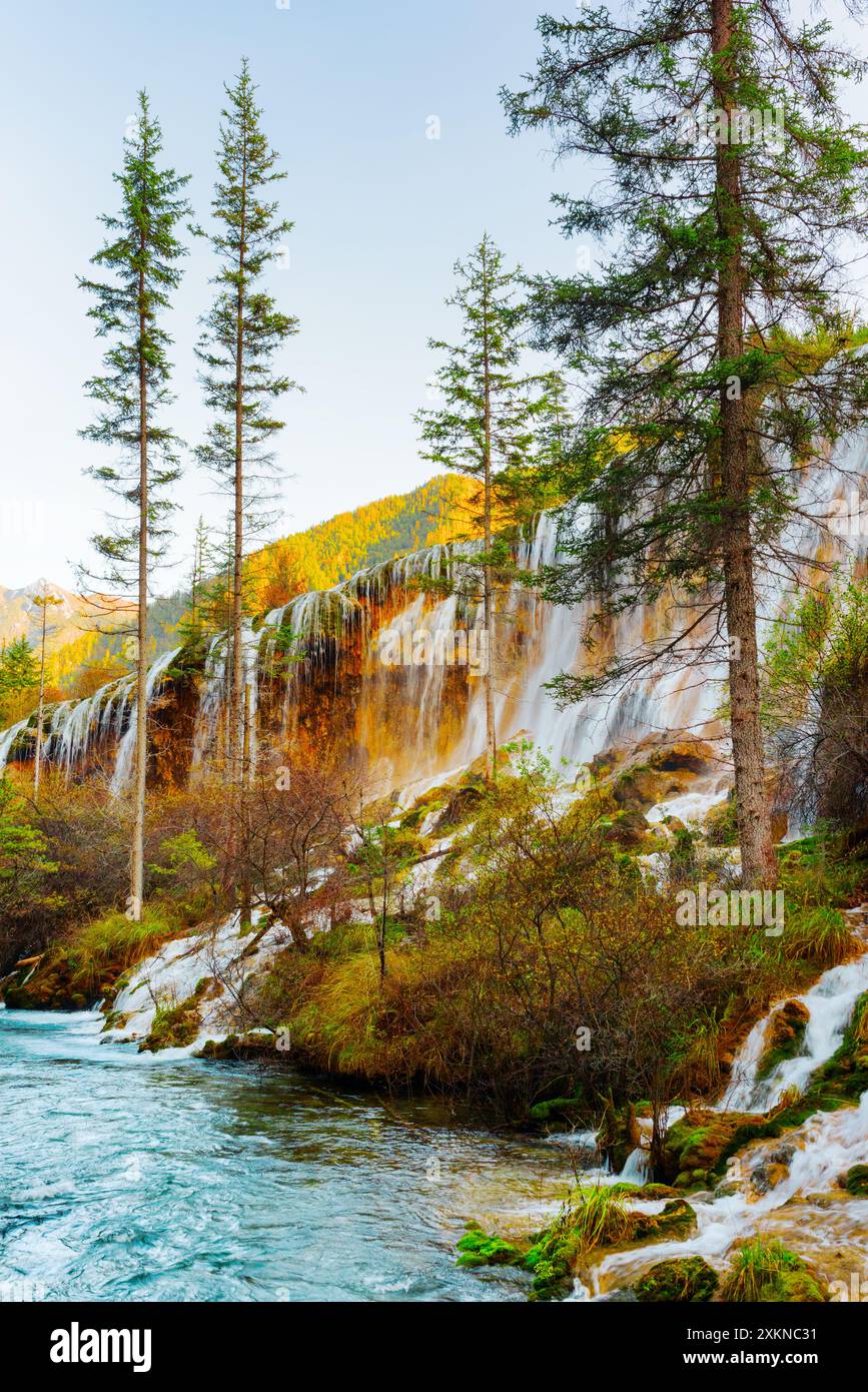 The Pearl Shoals Waterfall with crystal clear water among trees Stock ...