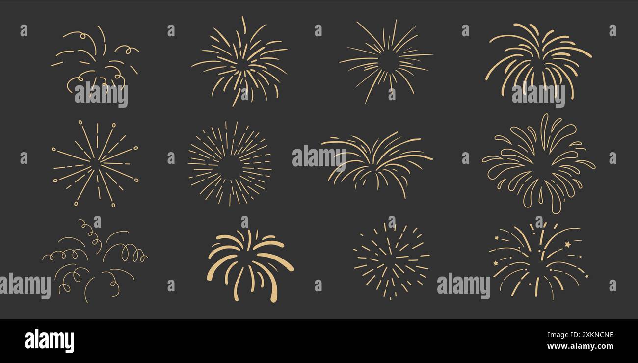 Set gold fireworks, firecrackers golden burst, rays festive doodle ...