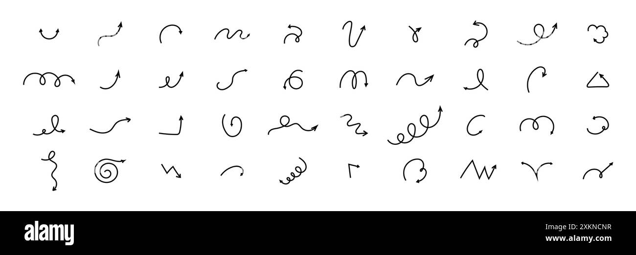 Spiral arrow doodle, wavy twist minimal squiggly line set. Curve comic ...