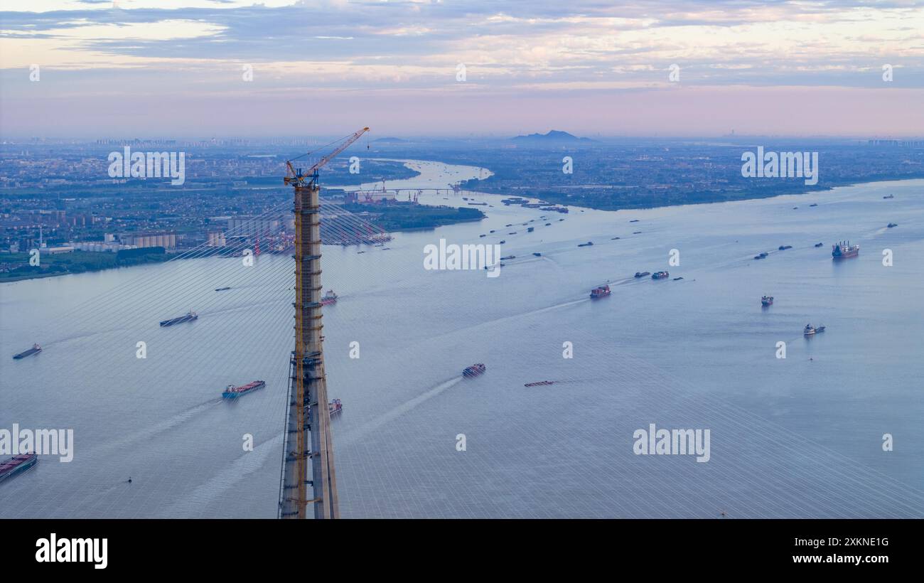 Aerial photo shows the construction site of Changtai Yangtze River ...