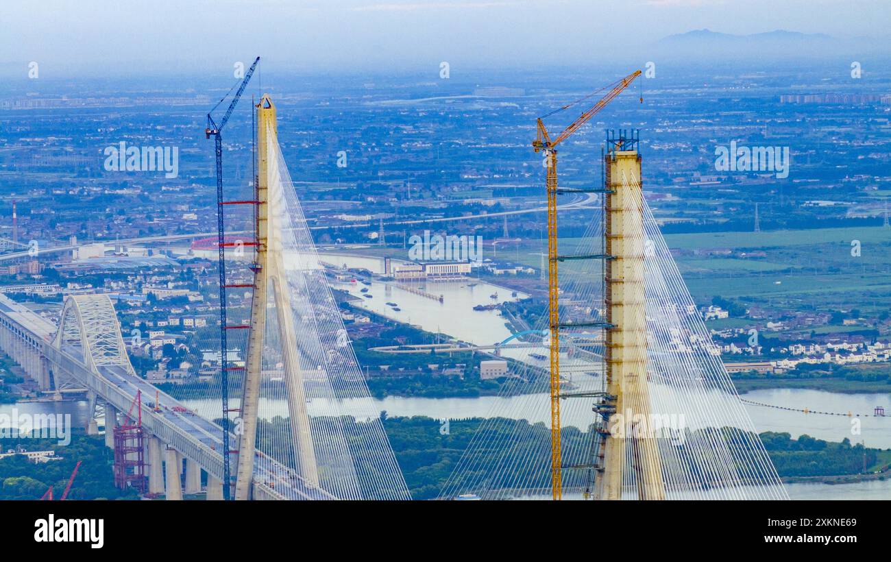 Aerial photo shows the construction site of Changtai Yangtze River ...