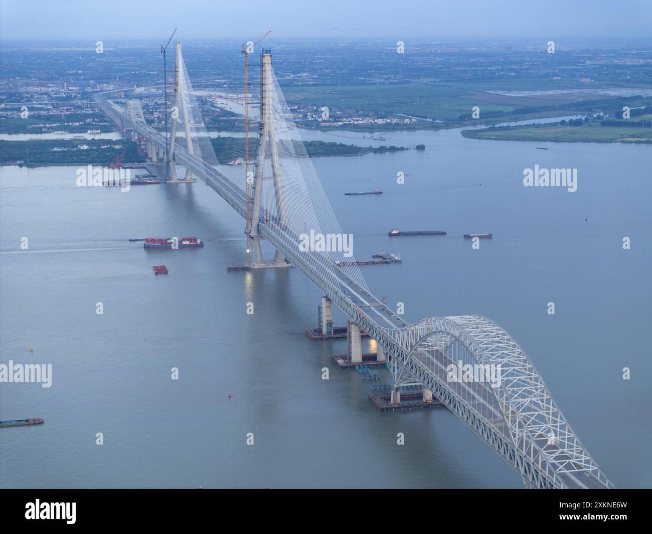 Aerial photo shows the construction site of Changtai Yangtze River ...