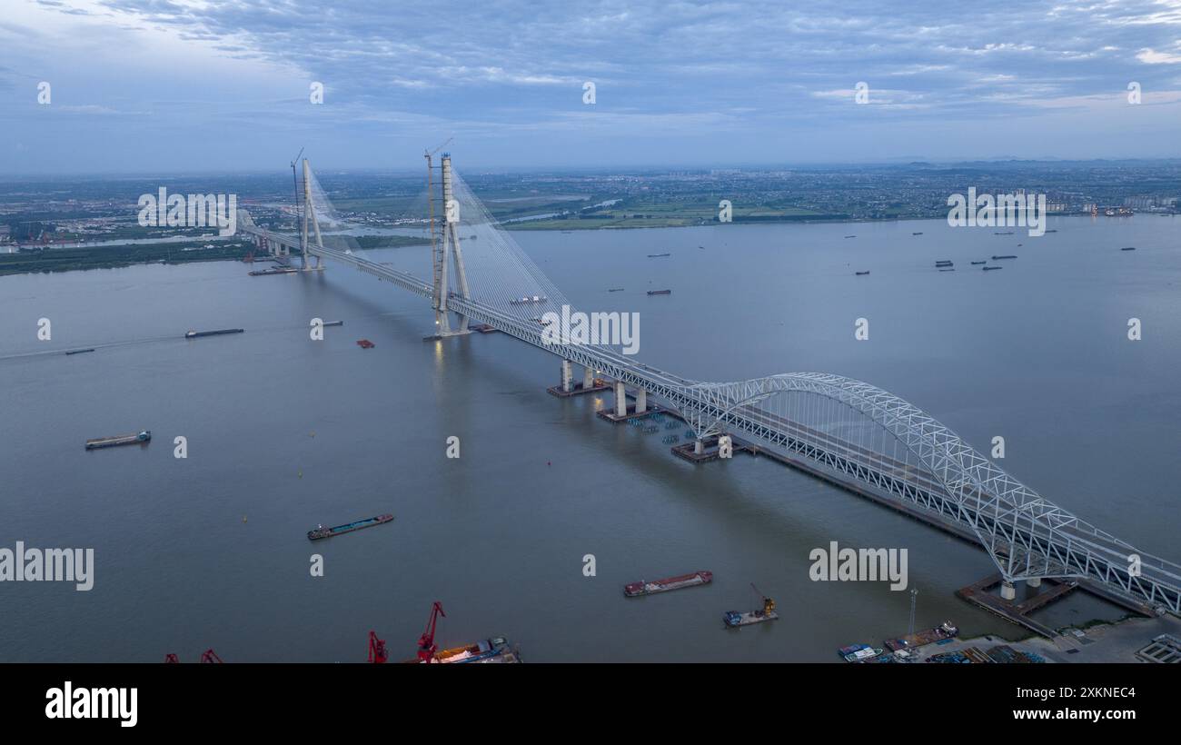 Aerial photo shows the construction site of Changtai Yangtze River ...