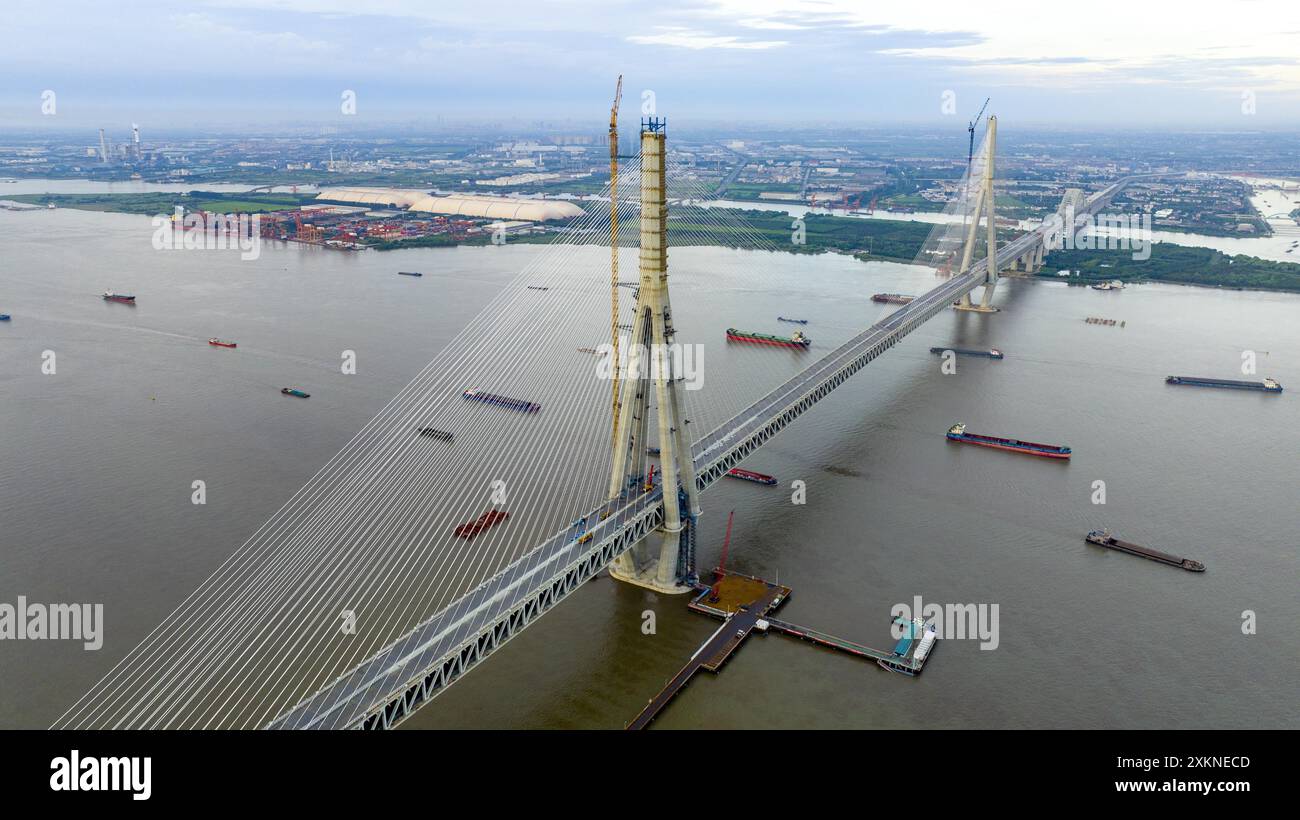 Aerial photo shows the construction site of Changtai Yangtze River ...