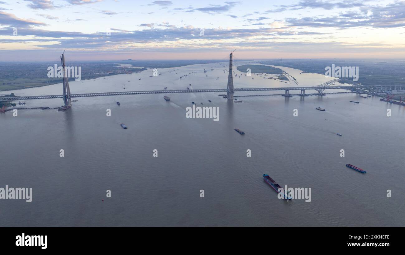 Aerial photo shows the construction site of Changtai Yangtze River ...