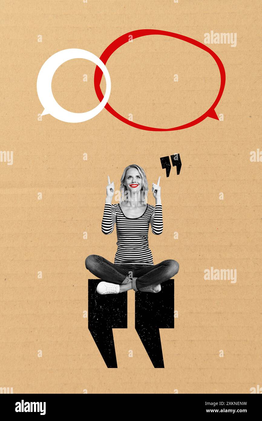 Vertical collage poster young girl sit show point finger textbox phrase ...