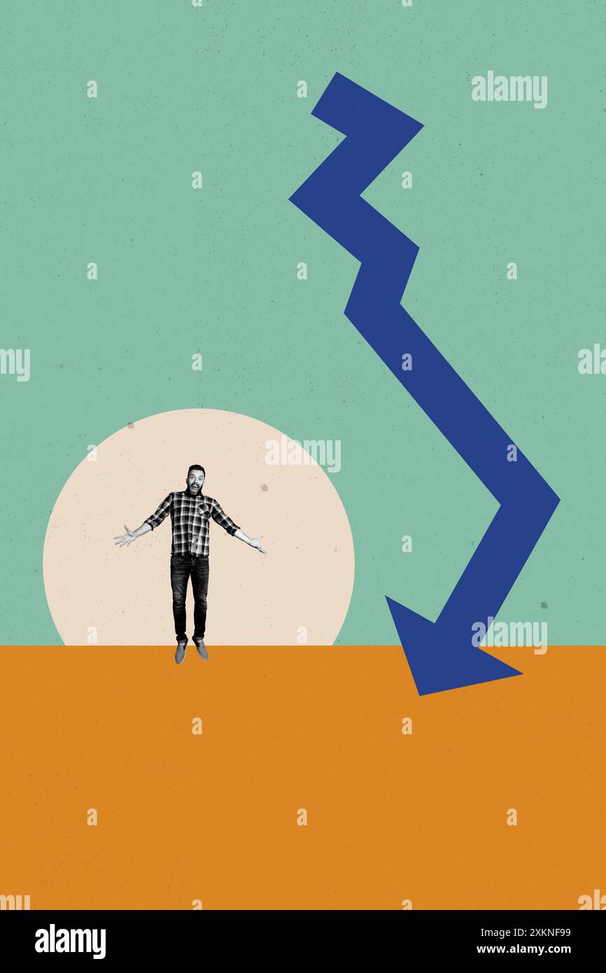 Vertical image picture young shocked confused man dynamic arrow charts ...