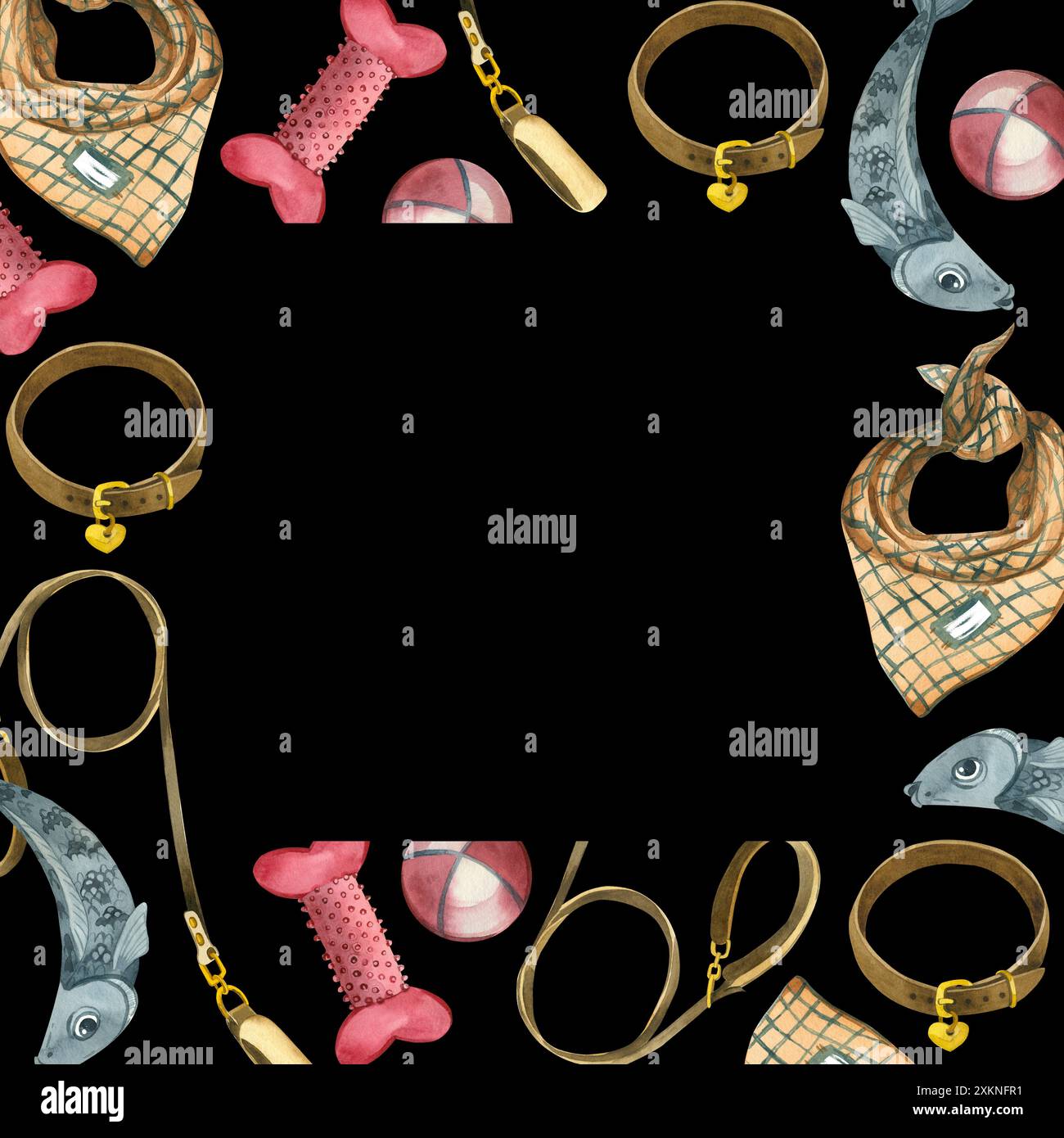 Square frame. Pet accessories, rubber bones, balls, dog collars and ...