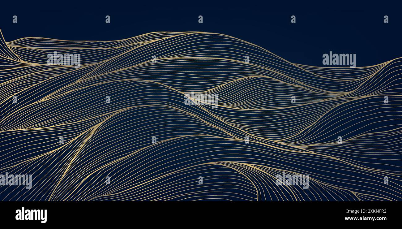 Vector wave japanese background, line sea, ocean gold on blue pattern ...