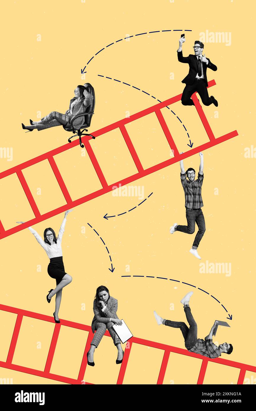 Vertical collage image young workers colleagues ladder cooperation ... Vertical collage image young workers colleagues ladder cooperation ...