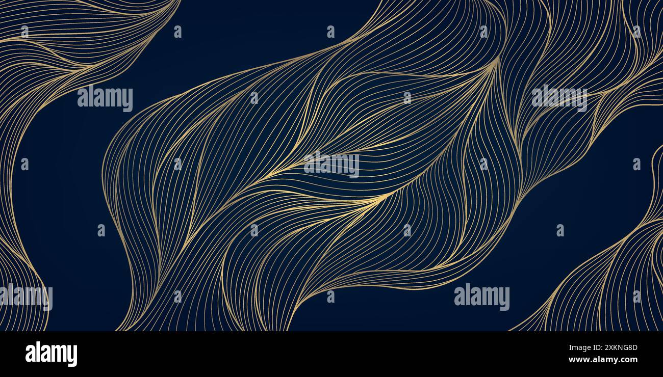 Vector art deco line wave pattern, gold on blue elegant texture ...