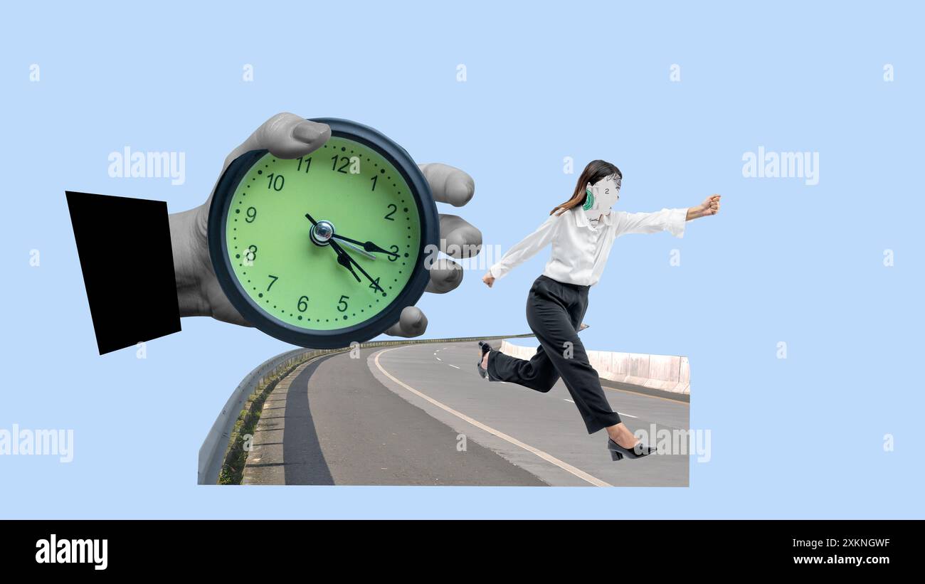 A woman is running on a road with a clock in her hand. The clock is ...