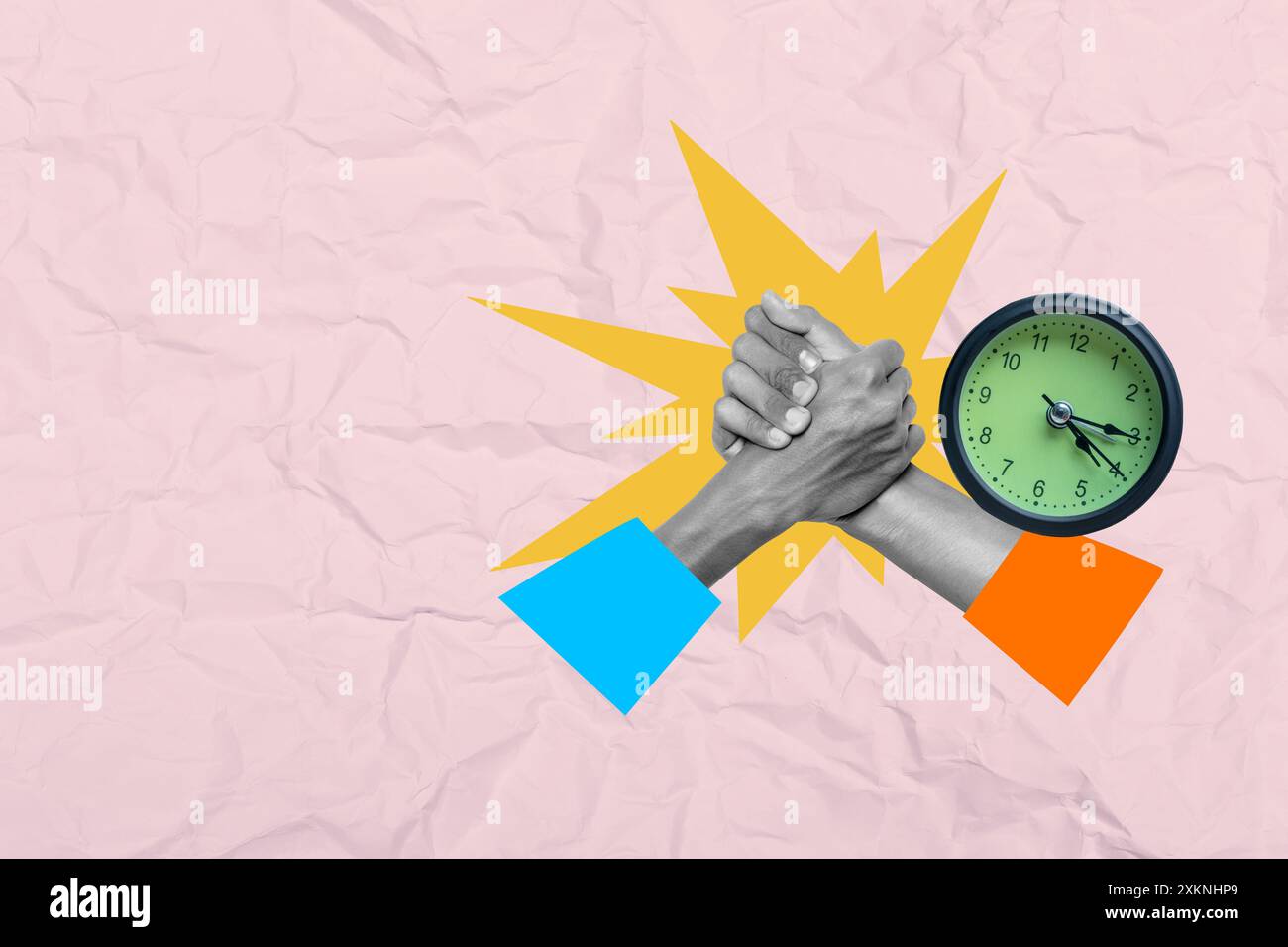 A hand is on top of another hand with a clock in the background. The ...