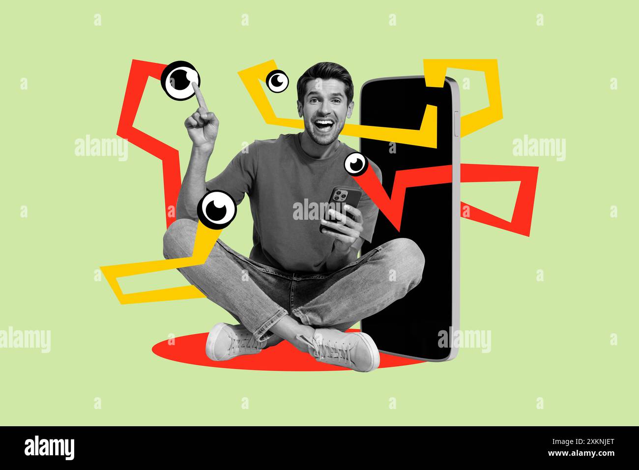 Creative poster collage of young man use device social media spying ...