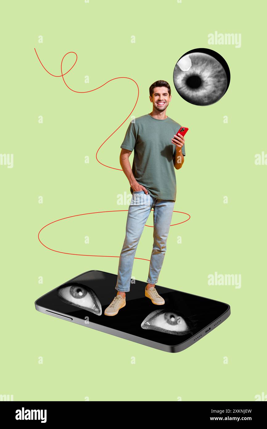 Creative poster collage of young man use device social media spying ...