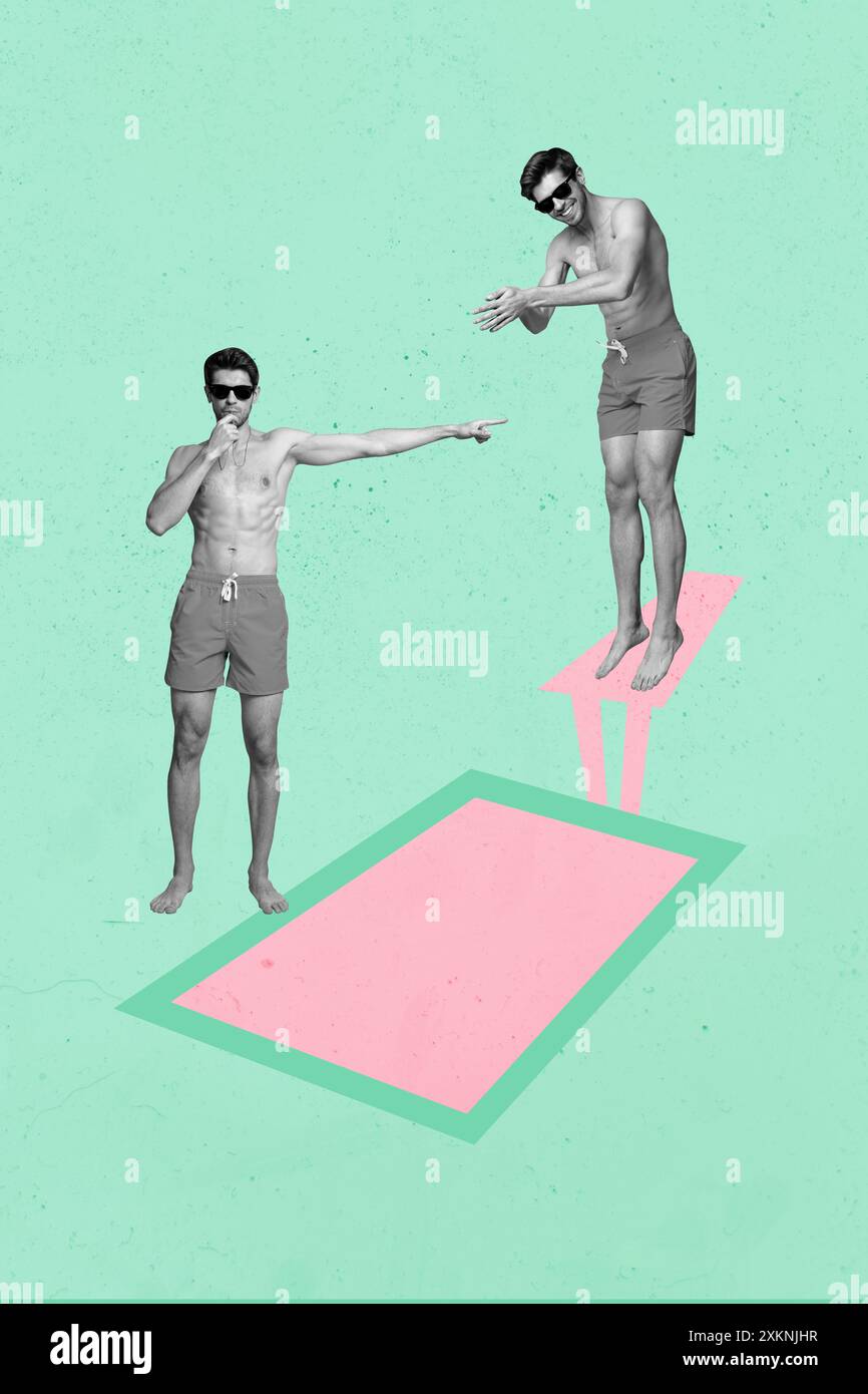 Creative poster collage of young man have fun jumping pool swimming ...