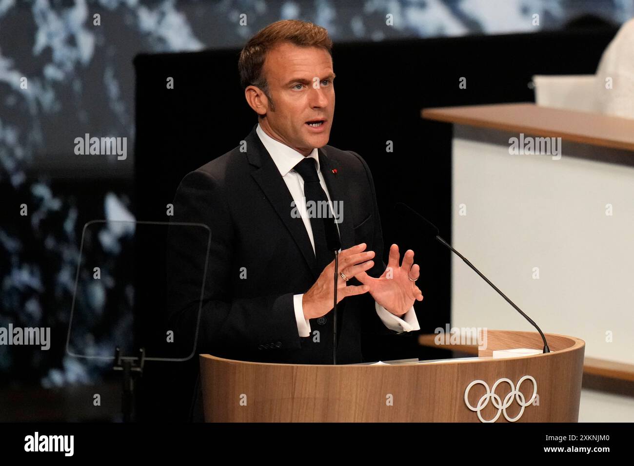 French President Emmanuel Macron delivers his speech during the ...