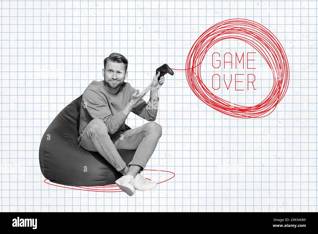 Composite collage image of confused young man play lose videogame ...