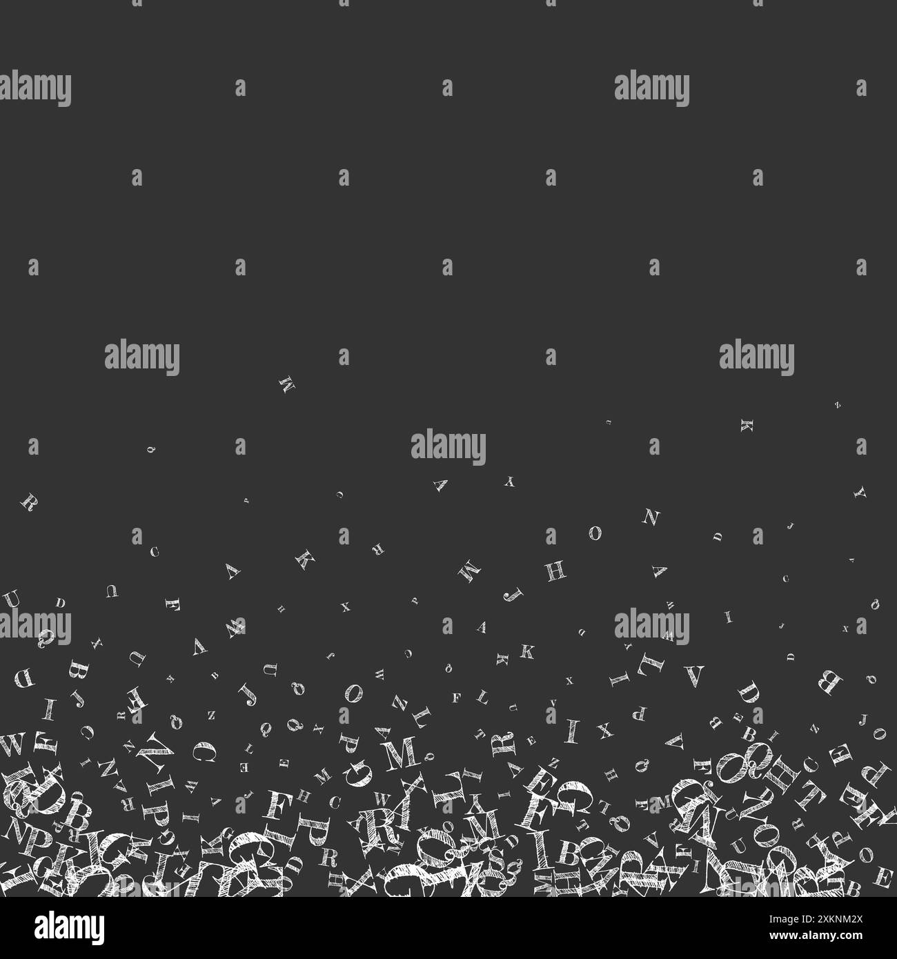 Scattered letters of latin alphabet. White chalk floating characters of ...