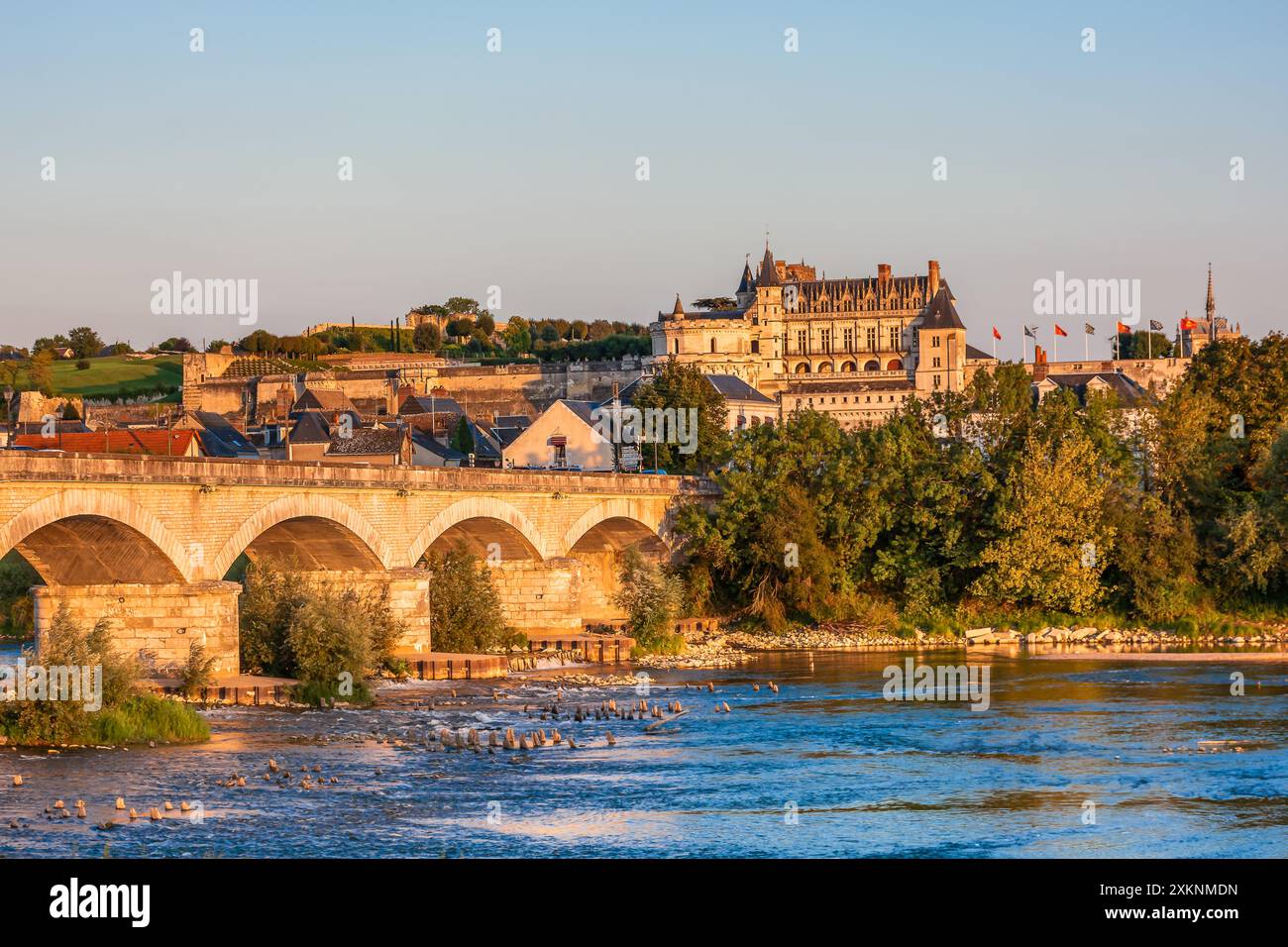 Scenic view of the Amboise castle in Loire Valley in France in golden ...
