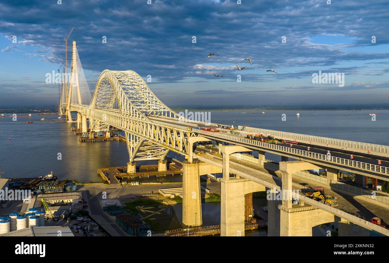 Aerial photo shows the construction site of Changtai Yangtze River ...