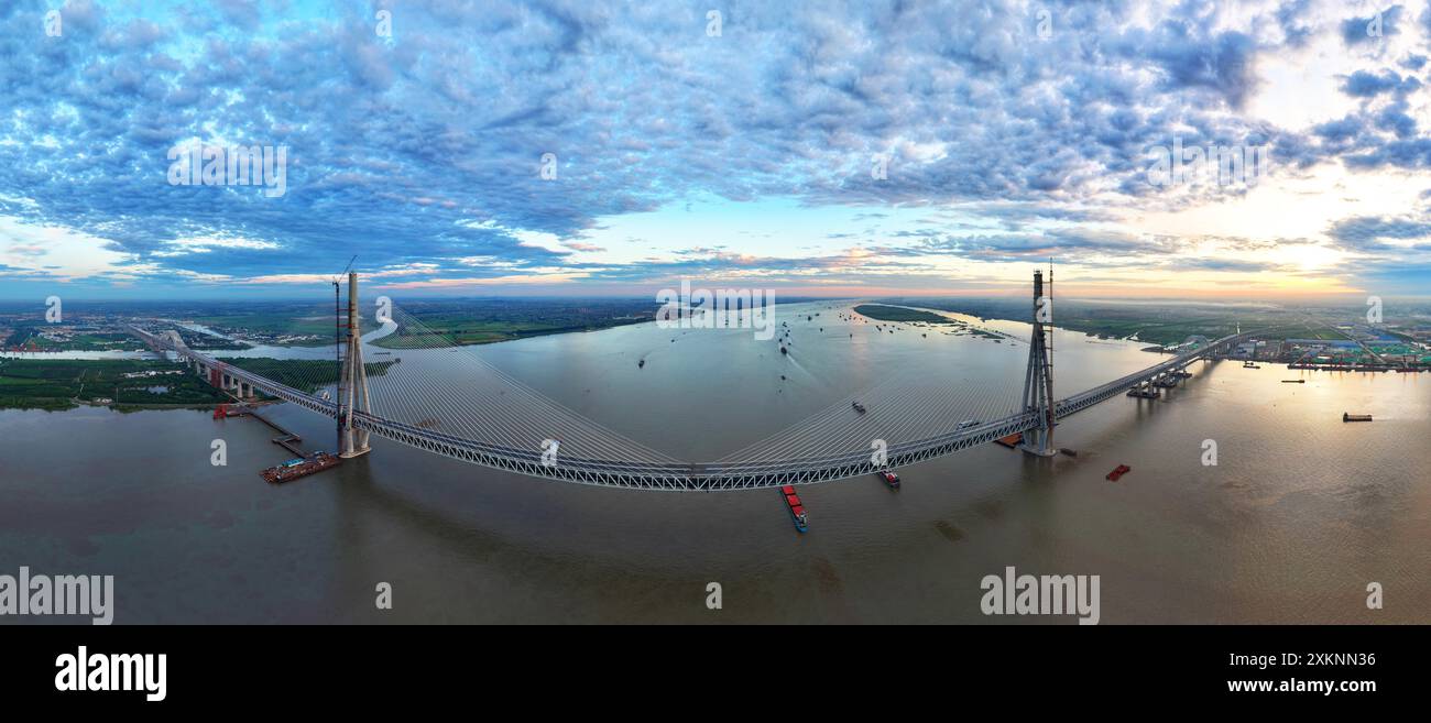 Aerial photo shows the construction site of Changtai Yangtze River ...