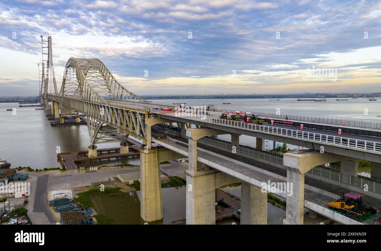 Aerial photo shows the construction site of Changtai Yangtze River ...