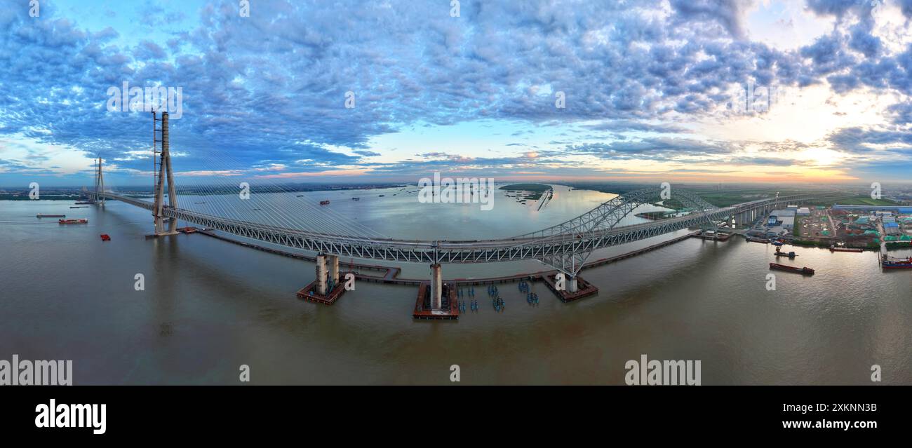Aerial photo shows the construction site of Changtai Yangtze River ...