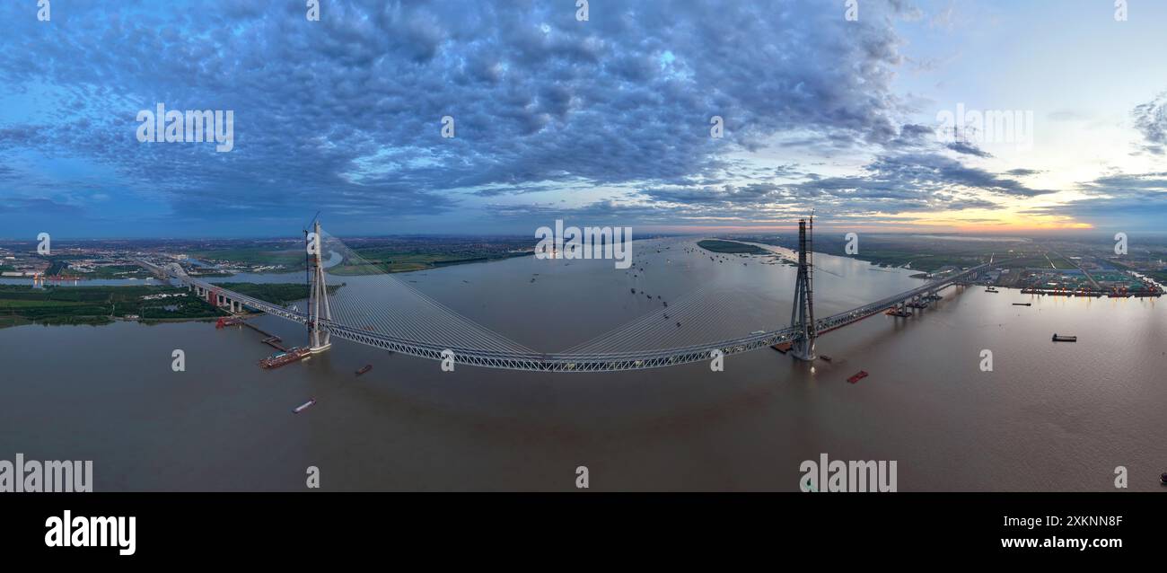 Aerial photo shows the construction site of Changtai Yangtze River ...
