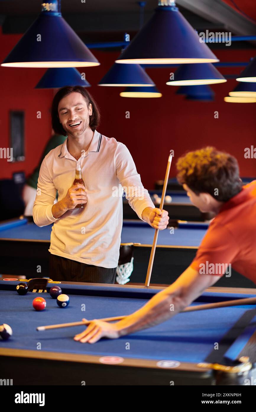 Friends play billiards in a casual setting, enjoying drinks and ...