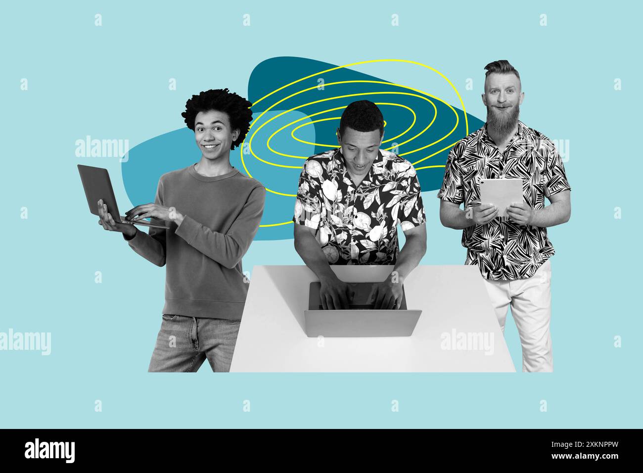 Creative poster collage of young guys working together startup project ...