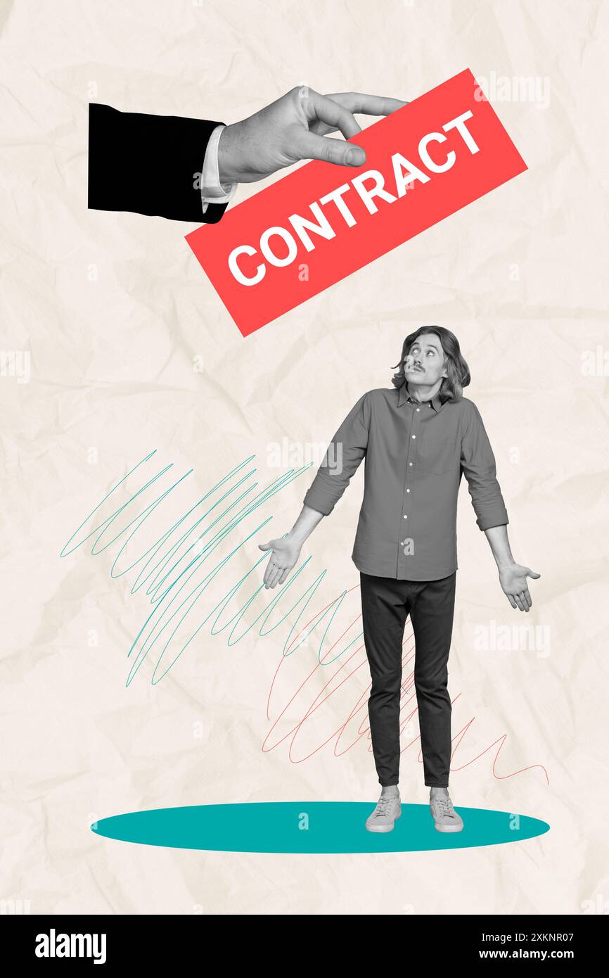 Vertical collage picture young clueless jobless man contract offer work ...
