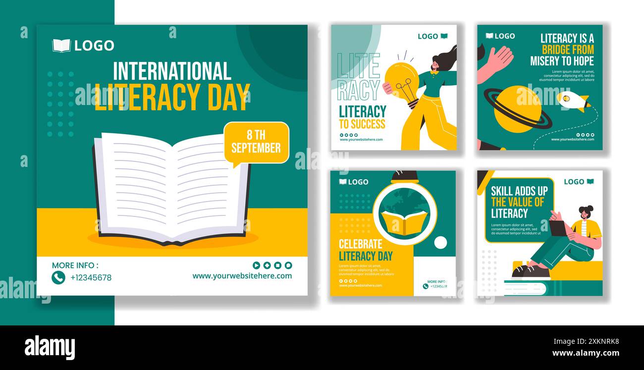 Literacy Day Social Media Post Flat Cartoon Hand Drawn Templates ...