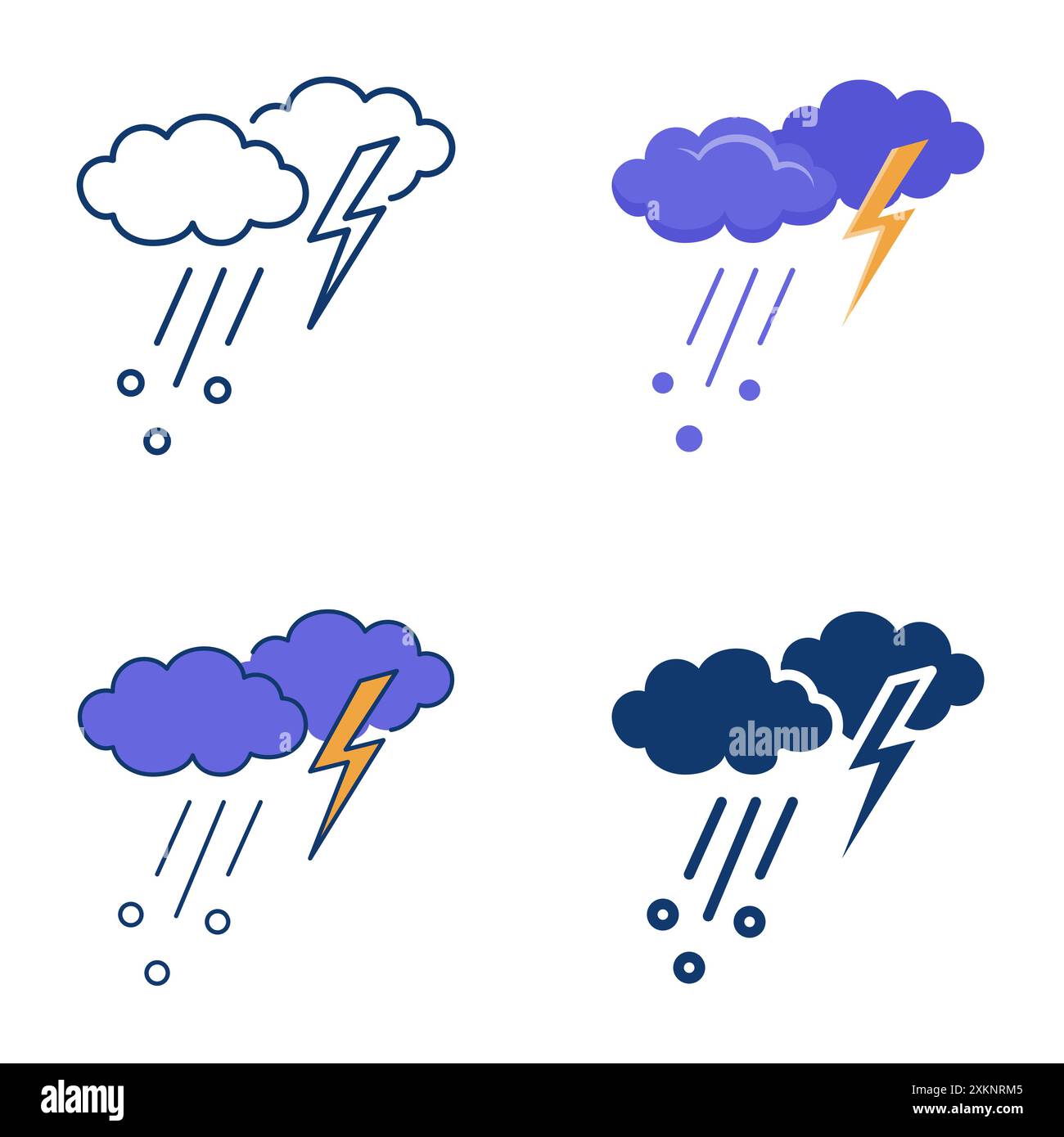Storm and hail icon set in flat and line style. Hailstorm, thunderstorm ...