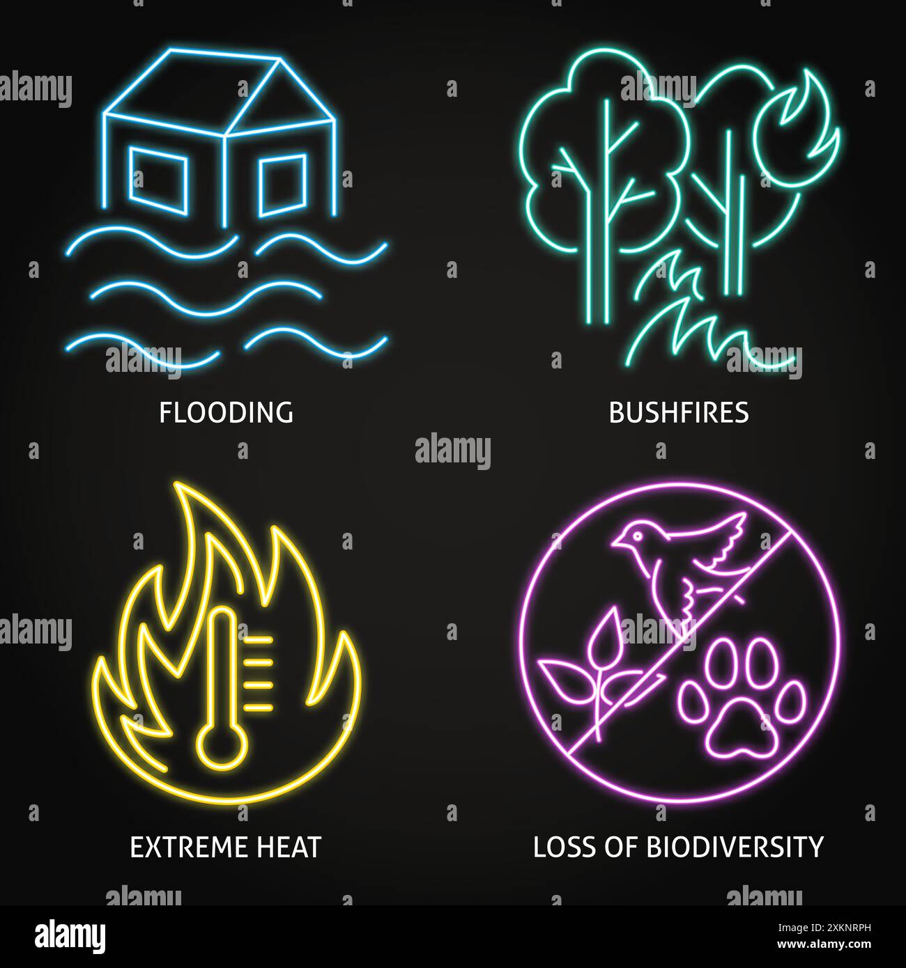 Climate change impact neon icon set. Forest fires, flooding, high ...