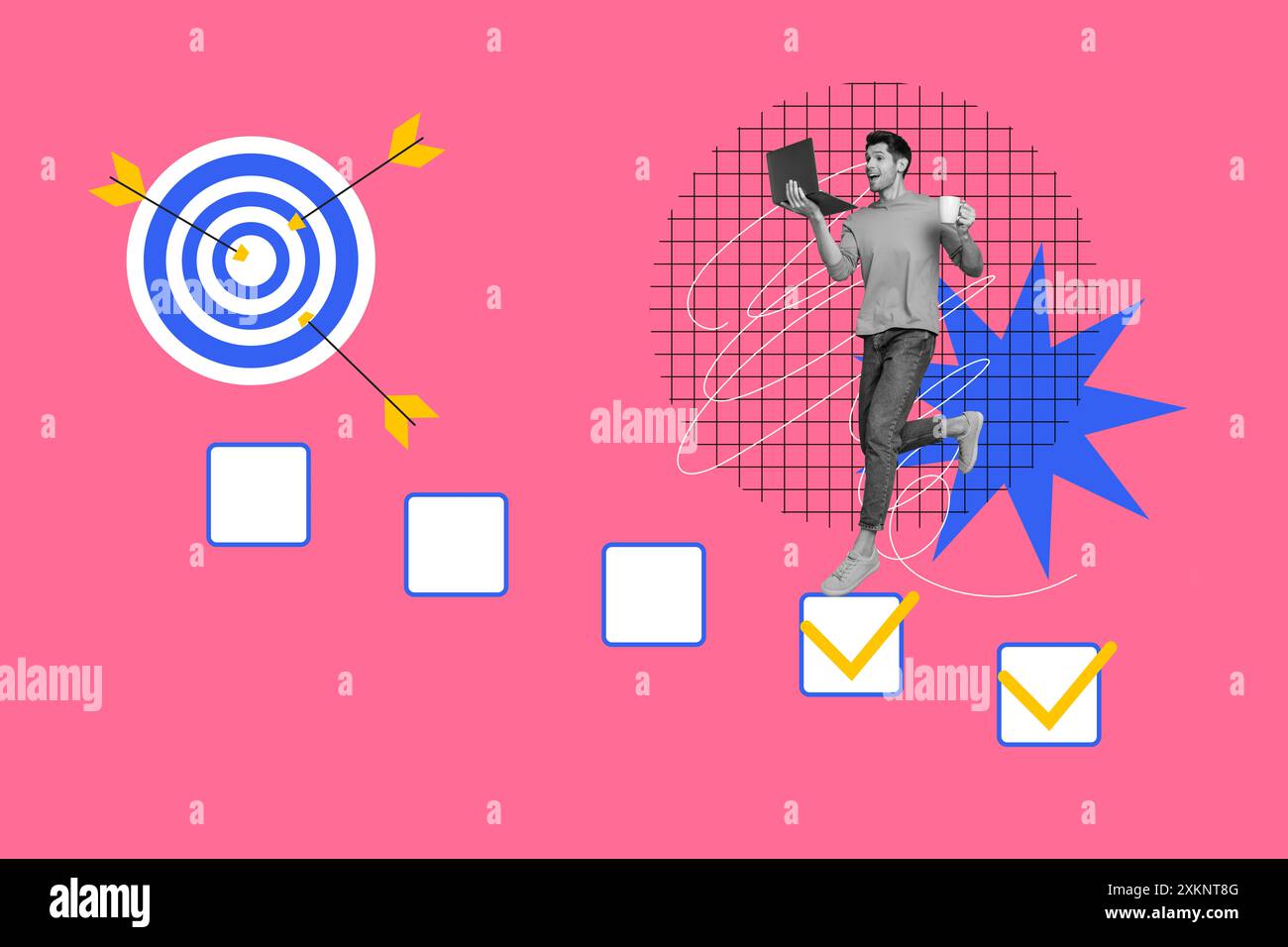 Composite collage image of funny young man achieve goal start up ceo ...