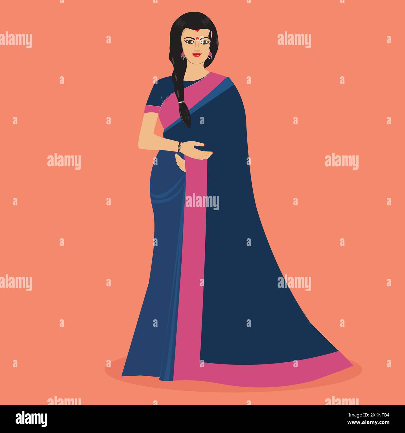 Vector illustration of Indian woman wearing blue saree with pink border ...
