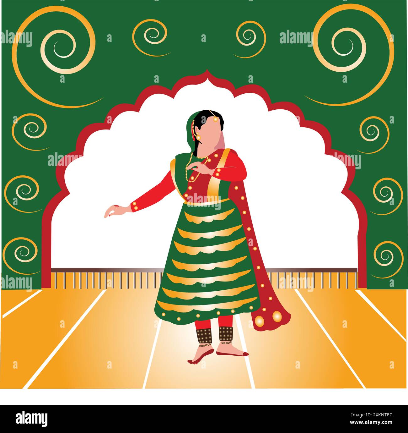 Vector Illustration Of Classical Dancer Doing Classical Dance In A Green Dress With Red Dupatta