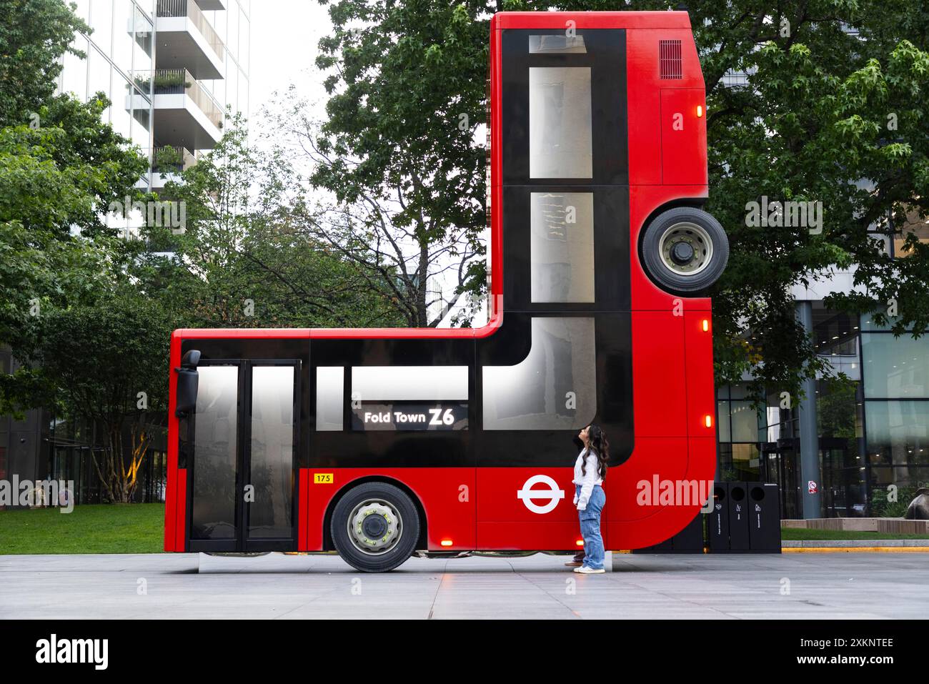 EDITORIAL USE ONLY An art installation of a folded London bus by Caspar ...