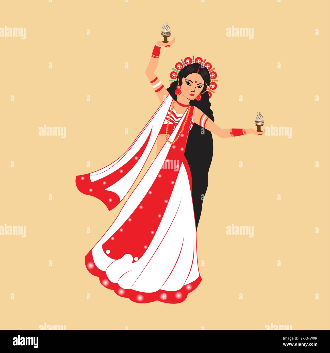 Vector illustration of bengali dancer in bengali saree performing ...