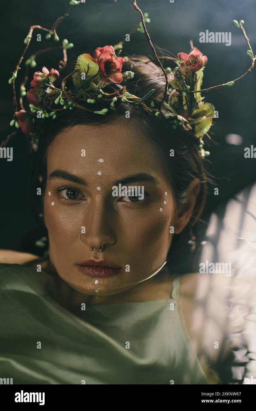 An attractive woman with a floral crown poses in a swamp Stock Photo ...