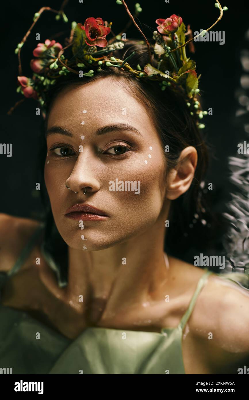 A woman with a flower crown gazes intensely at the camera in a swamp ...