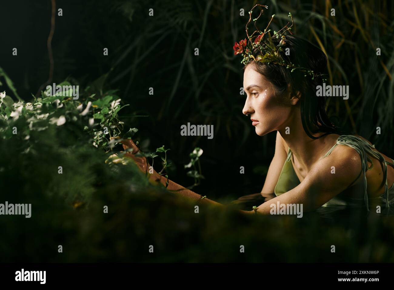 A woman wearing a floral crown poses near a swamp, her hand reaching ...