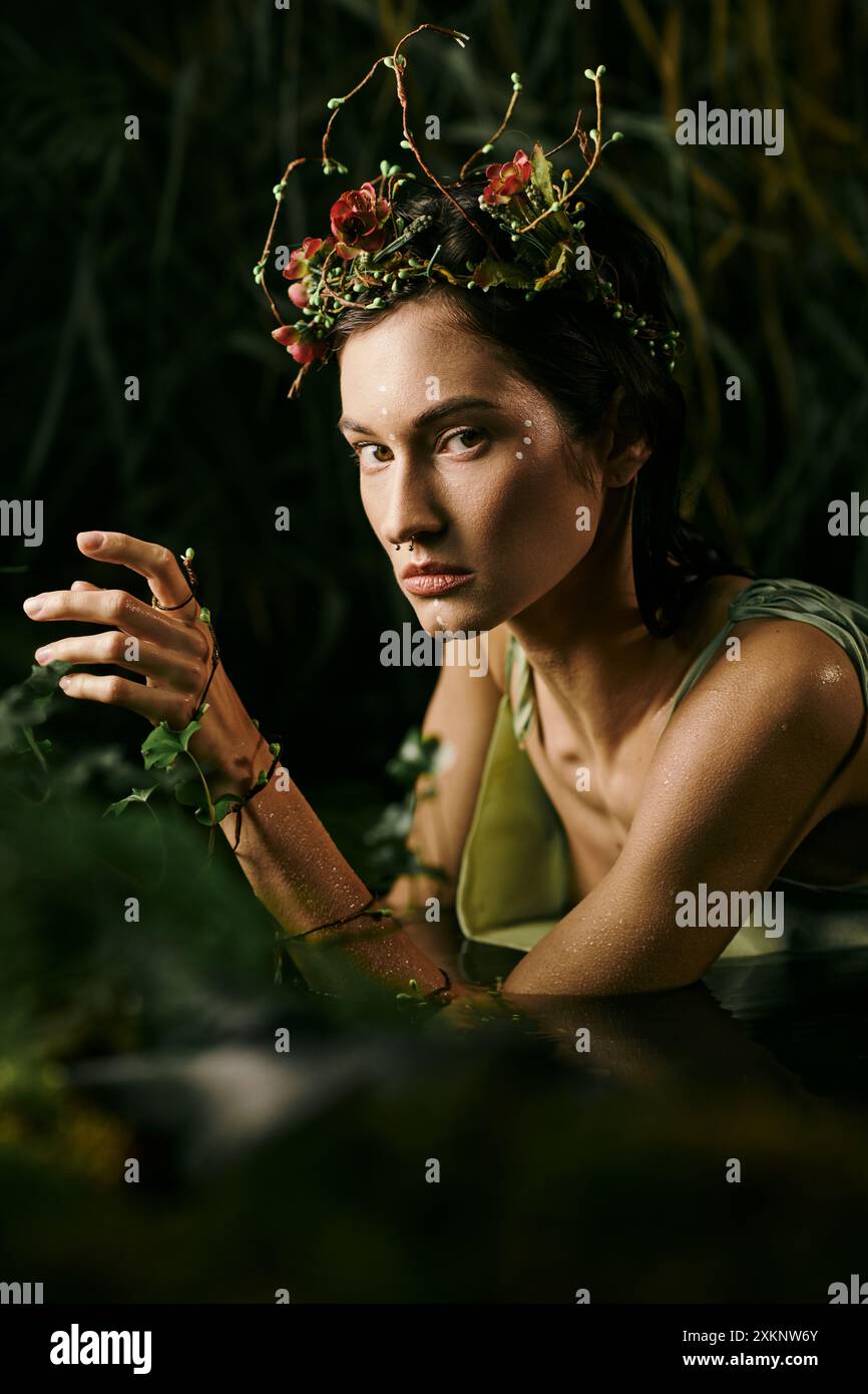 A woman with a floral crown poses in a swamp setting, looking directly ...