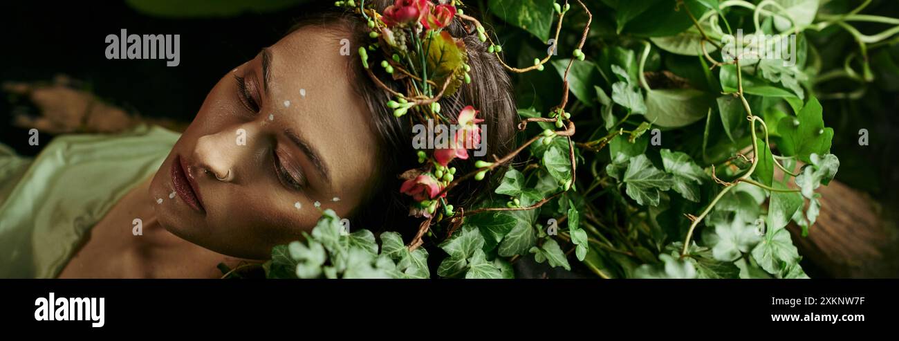 A woman with a floral crown rests in a verdant swamp setting Stock ...