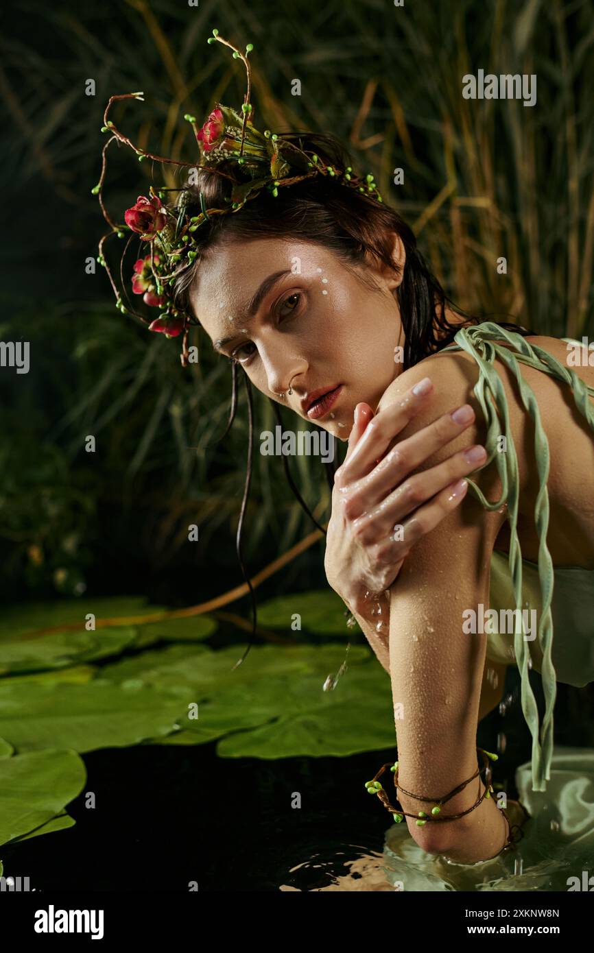 A woman wearing a floral crown poses in a swamp setting Stock Photo - Alamy
